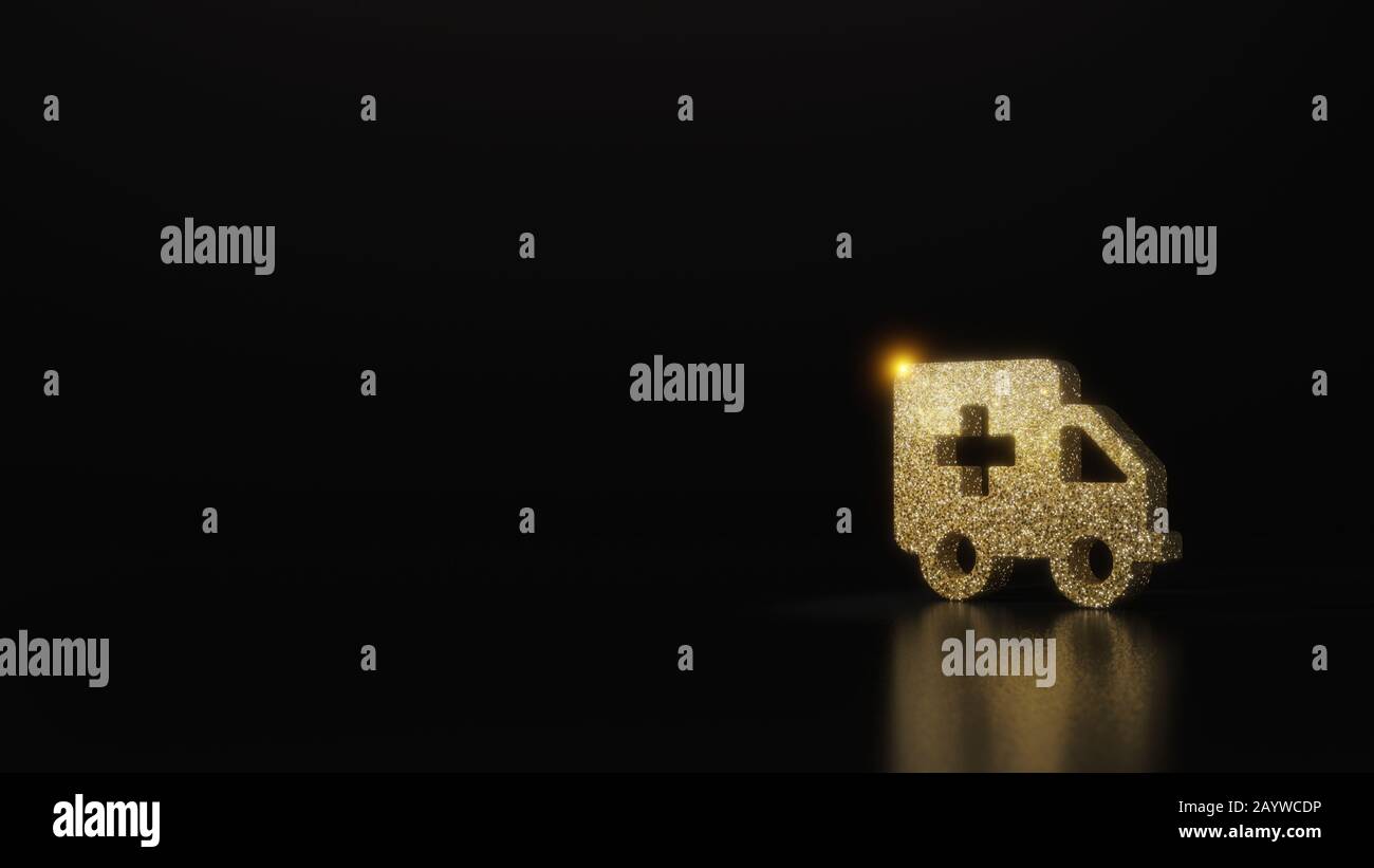gold glitter symbol of ambulance 3D rendering on dark black background ...