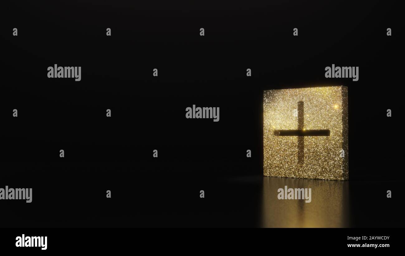 gold glitter inverted plus symbol in square 3D rendering on dark black ...