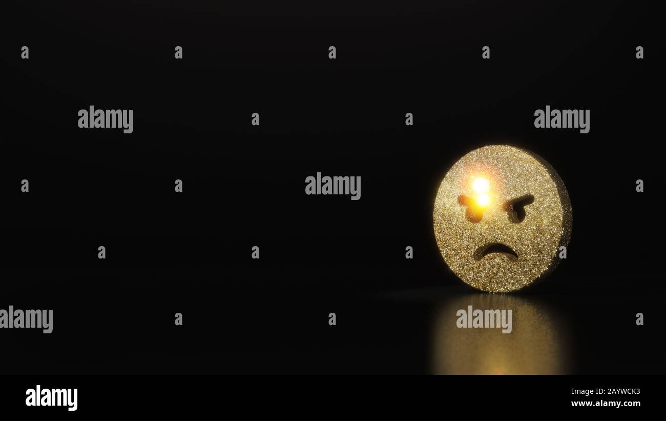 gold glitter circle angry emoticon 3D rendering on dark black ...