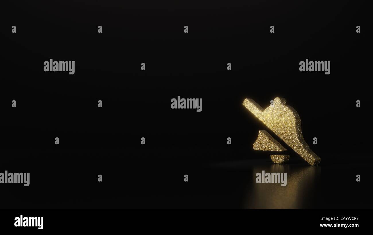 gold glitter symbol of bell slash 3D rendering on dark black background ...