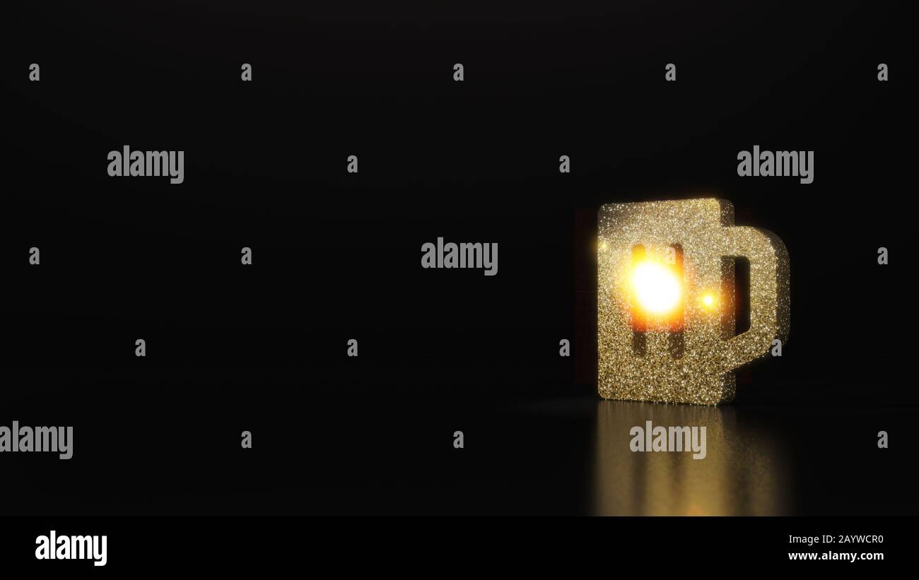 gold glitter symbol of glass of beer 3D rendering on dark black ...