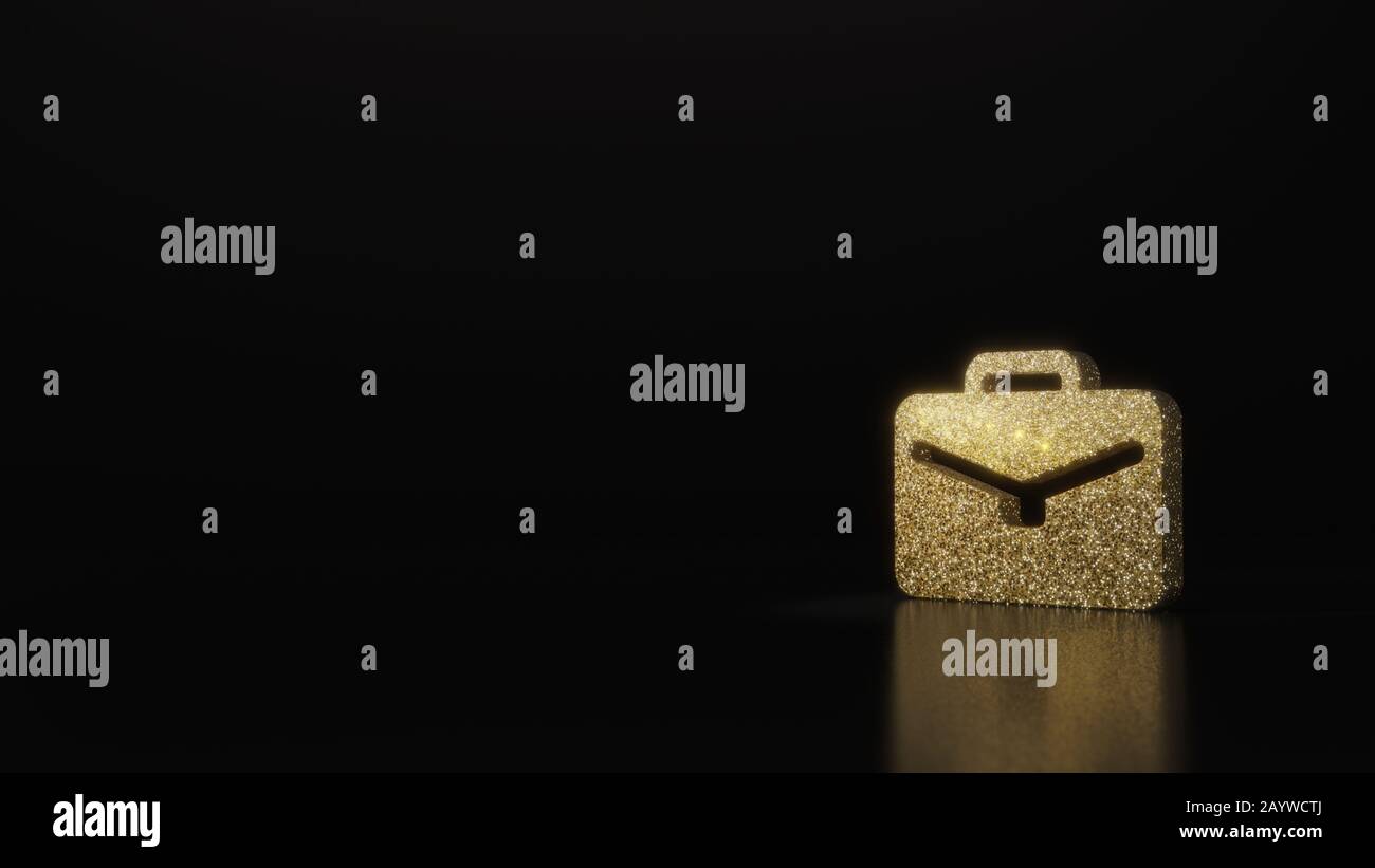 gold glitter symbol of briefcase 3D rendering on dark black background ...