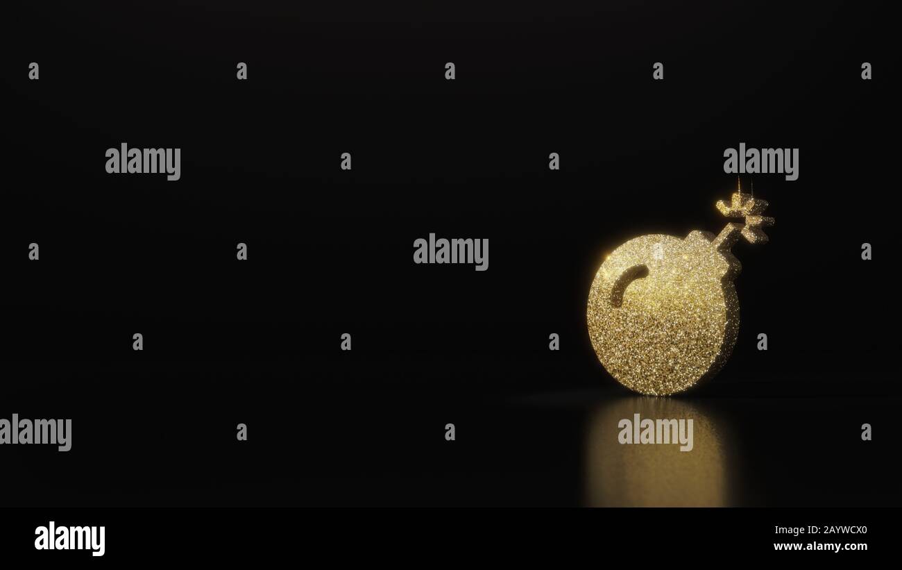 gold glitter symbol of bomb with spark 3D rendering on dark black ...
