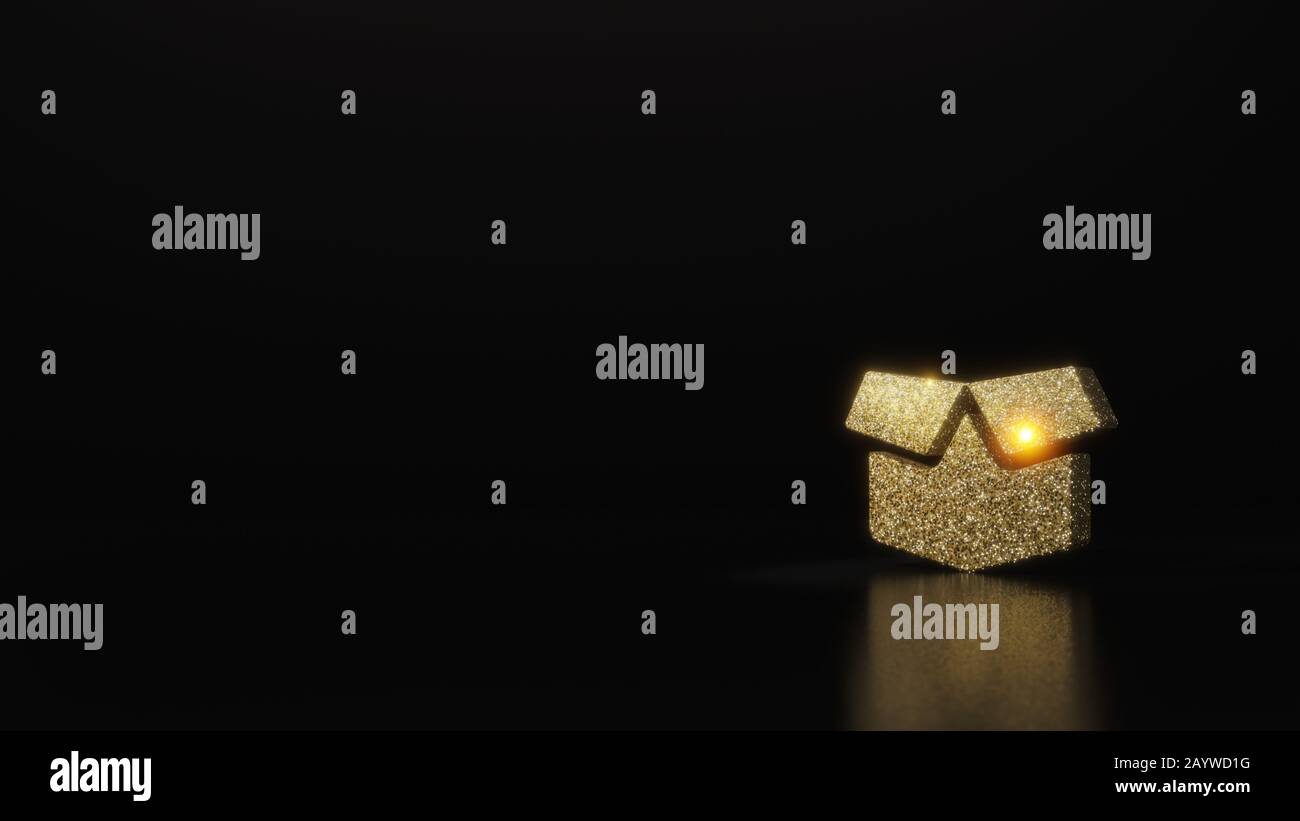 gold glitter symbol of box open with flaps 3D rendering on dark black ...