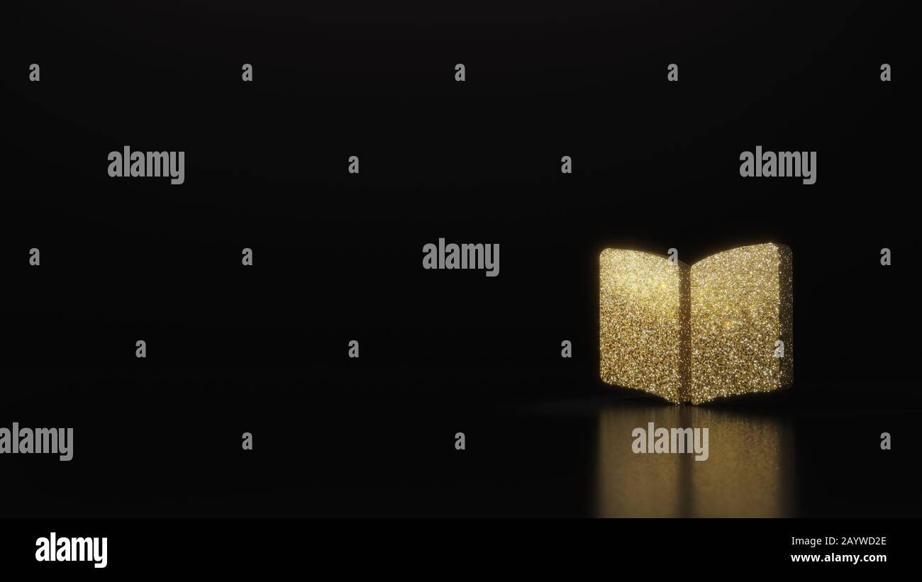 gold glitter symbol of book open 3D rendering on dark black background ...