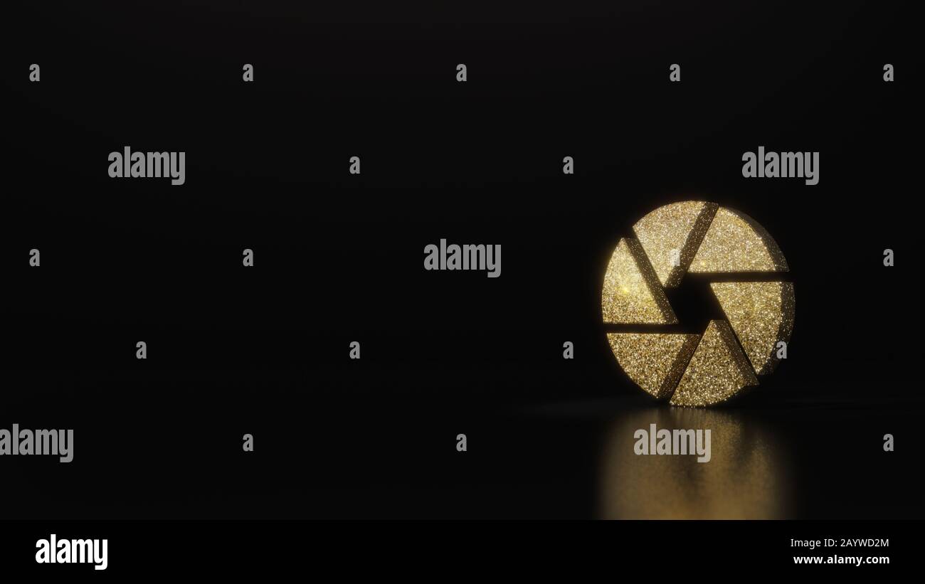 gold glitter symbol of camera aperture 3D rendering on dark black ...