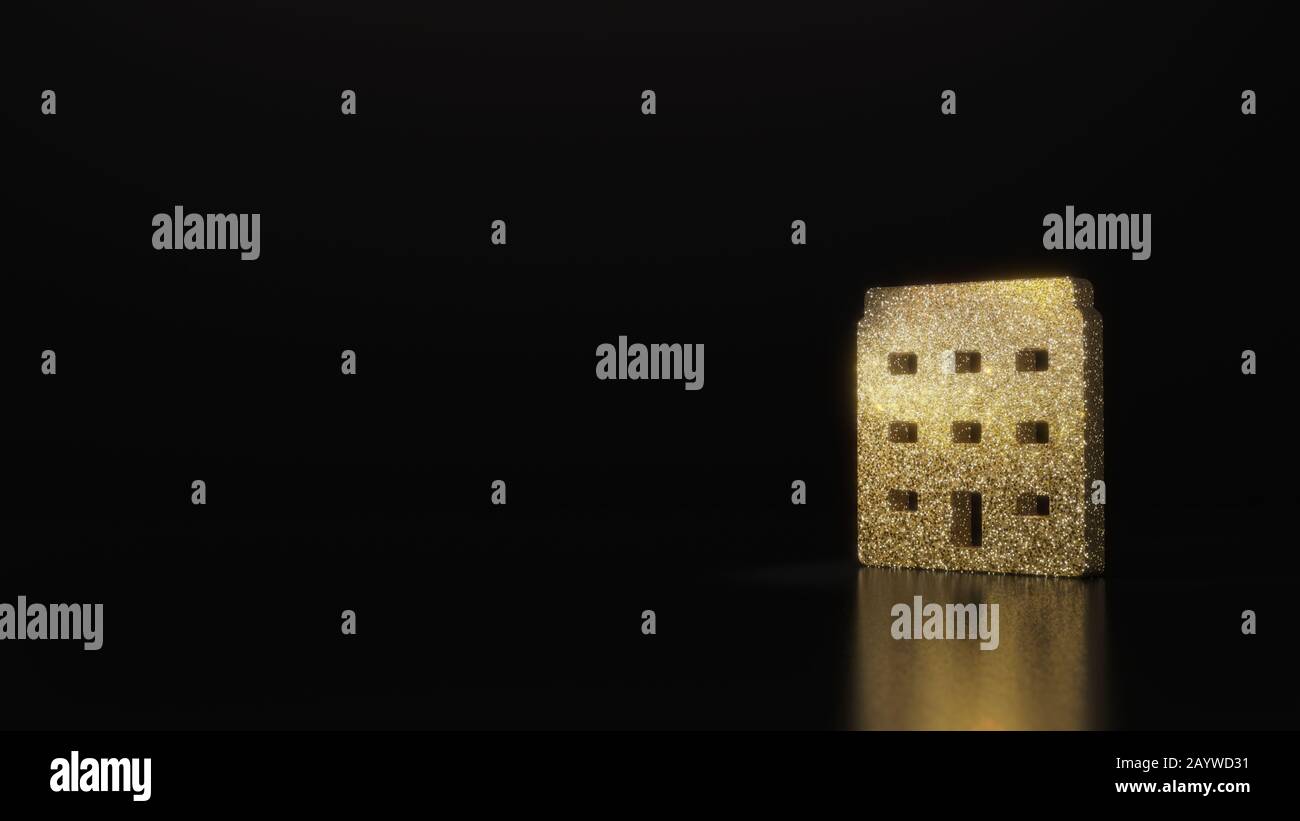gold glitter symbol of highrise building 3D rendering on dark black ...