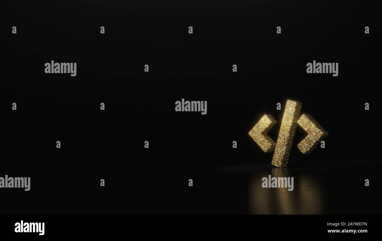 gold glitter symbol of code tag 3D rendering on dark black background ...