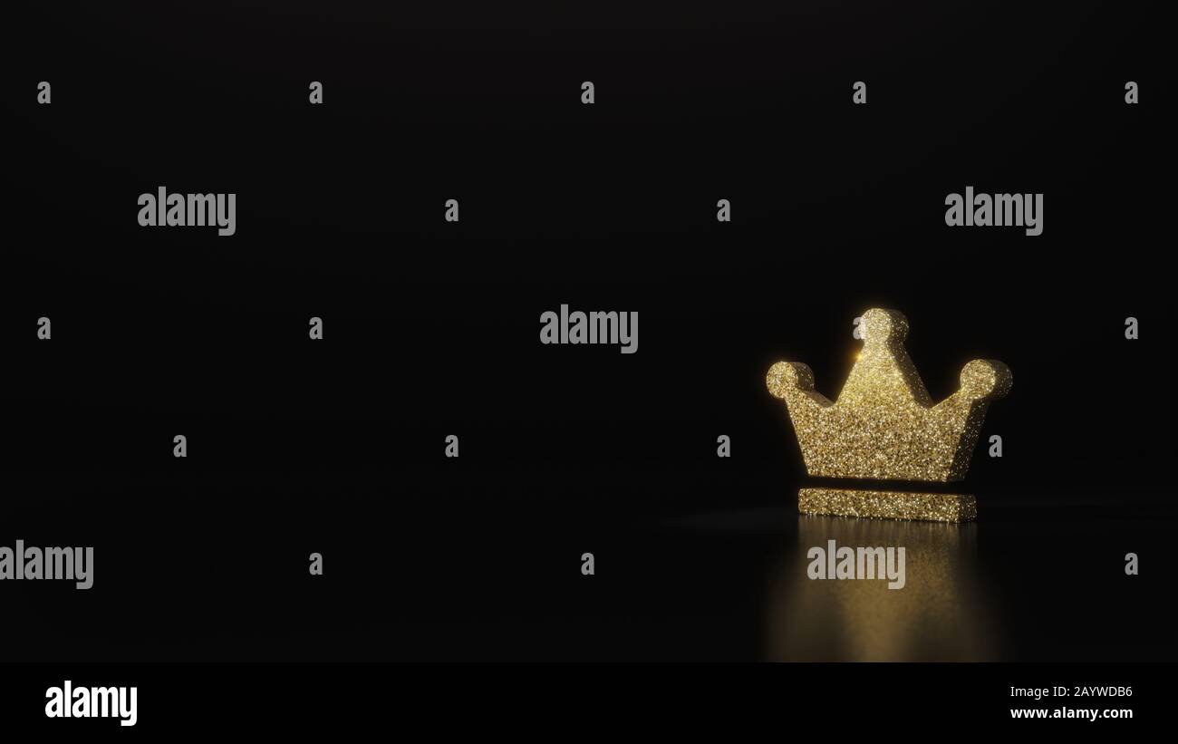 gold glitter symbol of crown with three tips 3D rendering on dark black ...