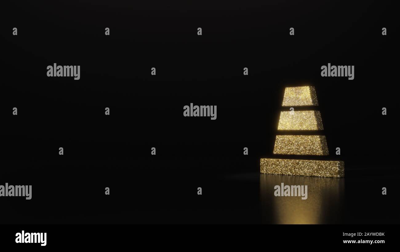 gold glitter symbol of traffic cone 3D rendering on dark black ...
