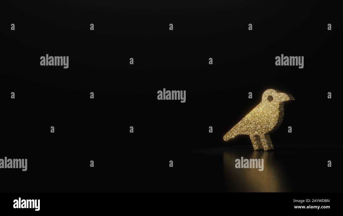 gold glitter symbol of bird from profile 3D rendering on dark black ...