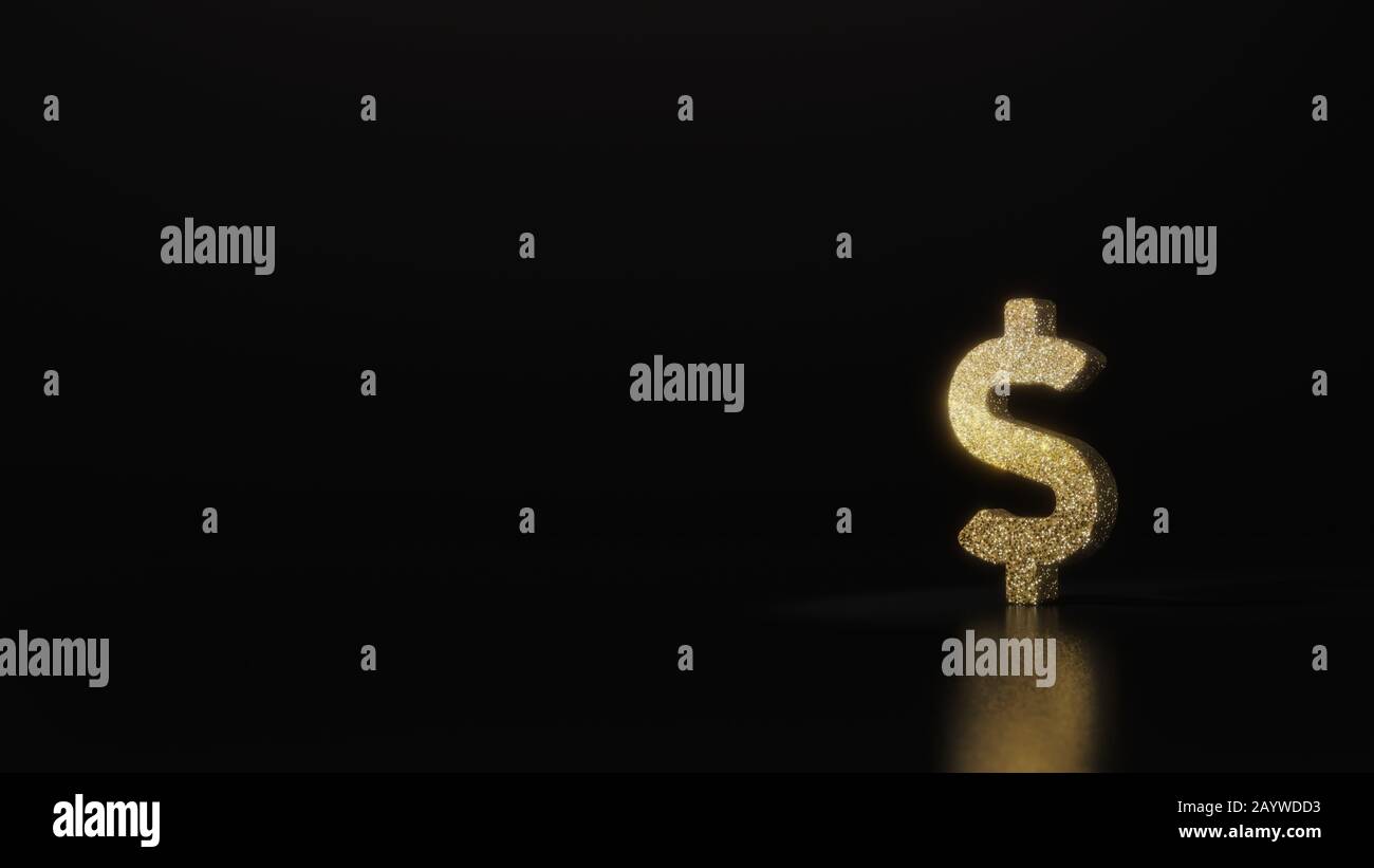 gold glitter symbol of dollar sign 3D rendering on dark black ...