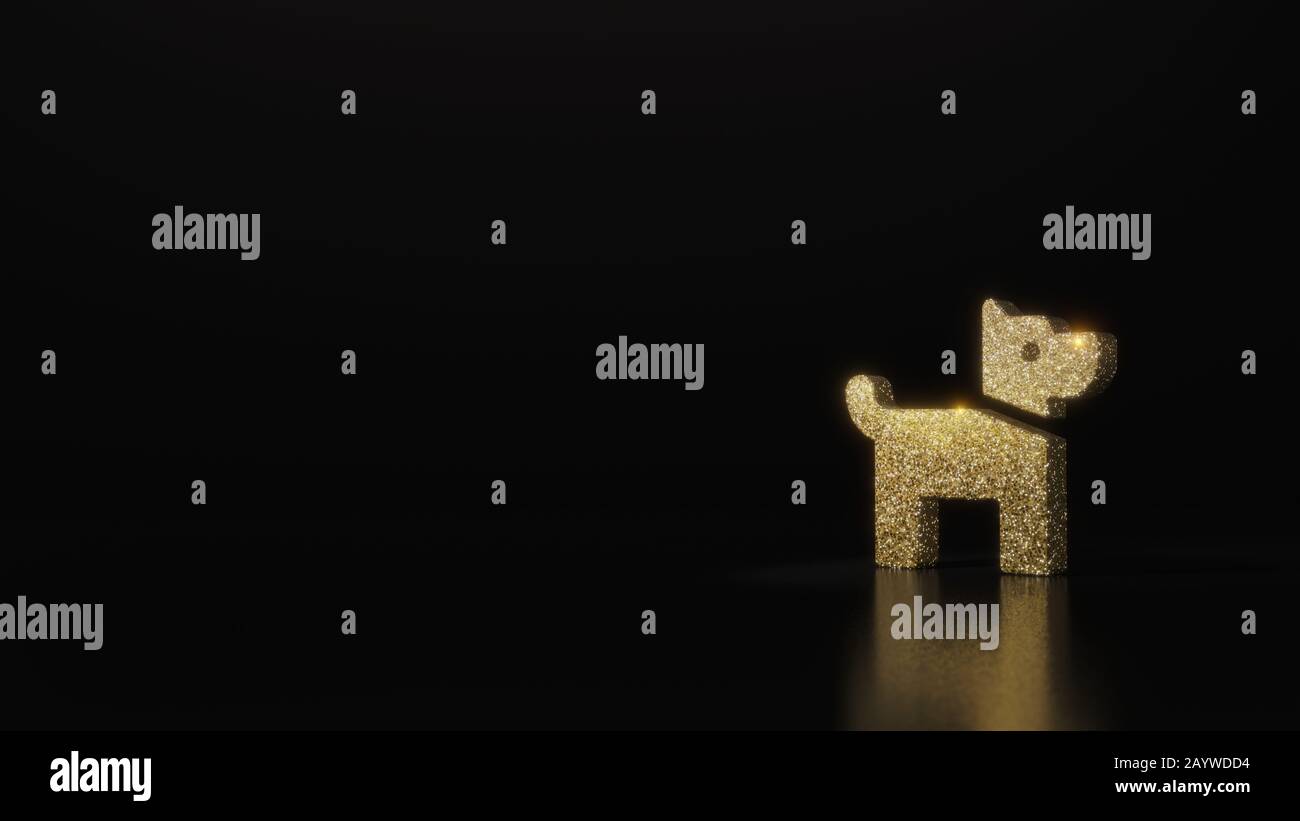 gold glitter symbol of dog with collar 3D rendering on dark black ...