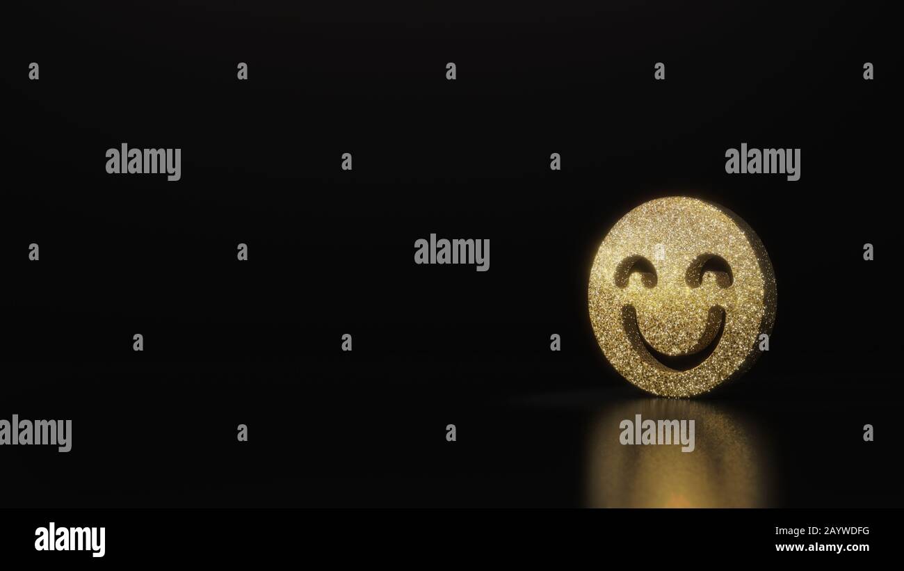 gold glitter symbol of happy emoticon 3D rendering on dark black ...