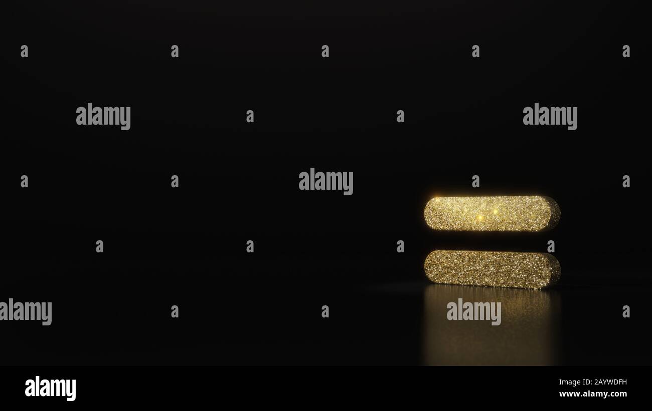 gold glitter symbol of equal sign bold 3D rendering on dark black ...