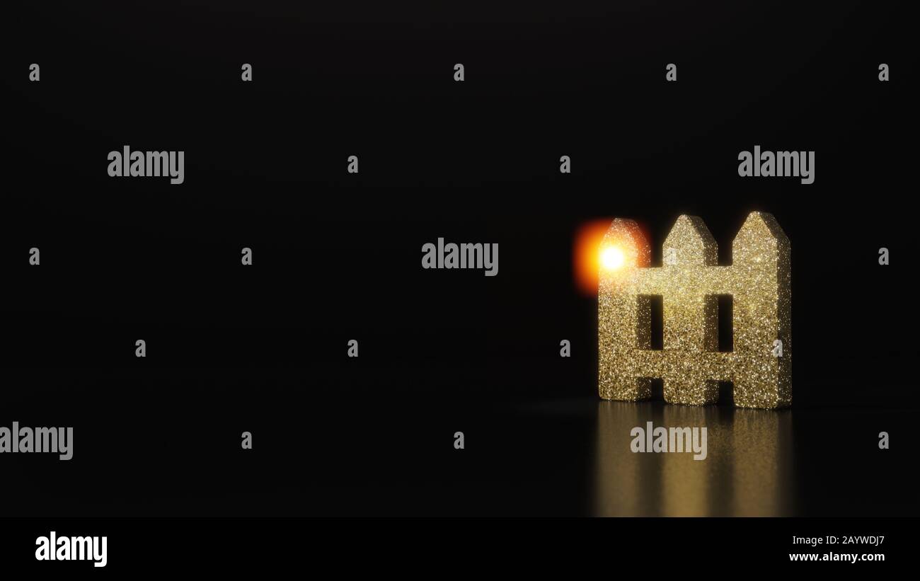 gold glitter symbol of fence from three panels 3D rendering on dark ...