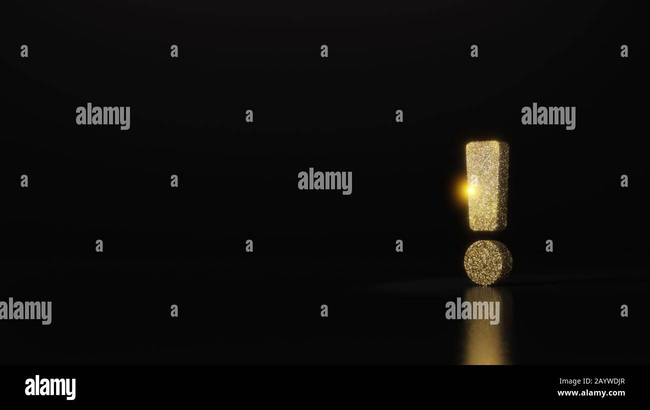 gold glitter symbol of exclamation symbol 3D rendering on dark black ...