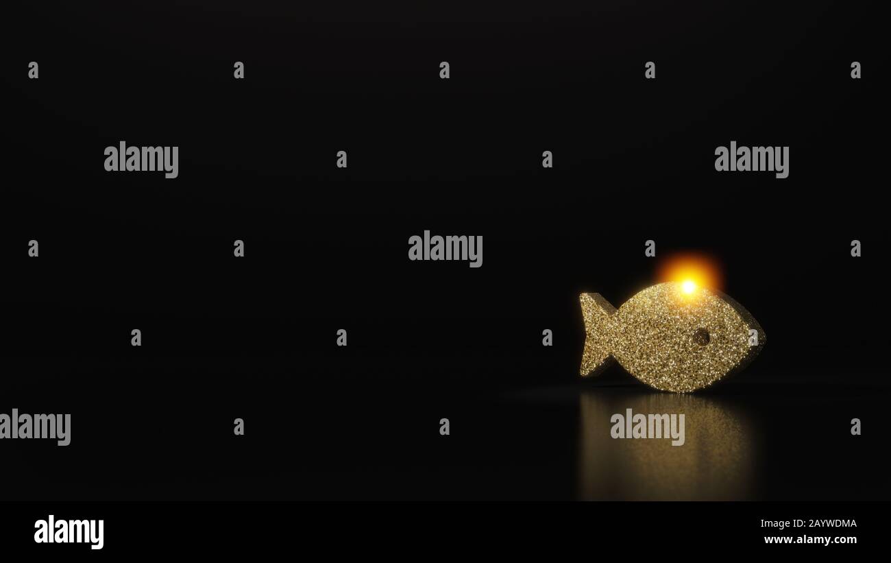 gold glitter symbol of fish from profile 3D rendering on dark black ...