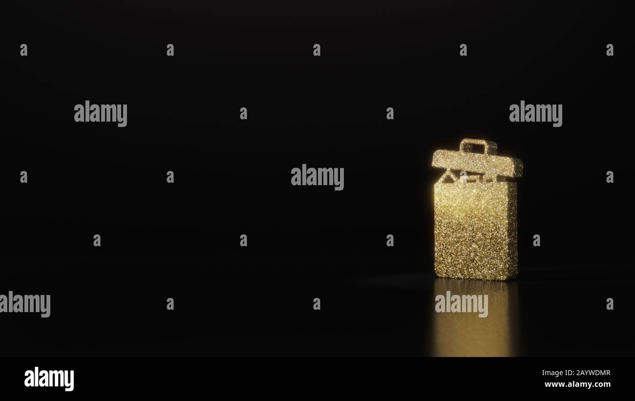 gold glitter symbol of bin with garbage and lid 3D rendering on dark ...