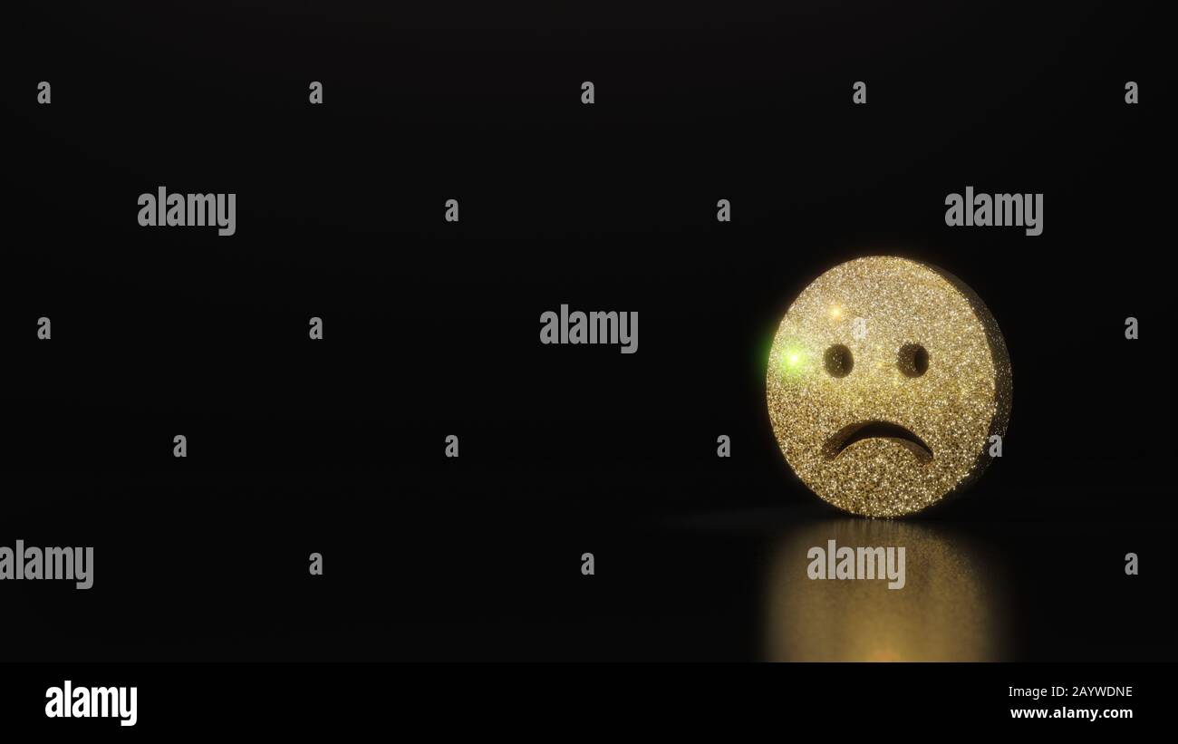 gold glitter symbol of frown emoticon 3D rendering on dark black ...
