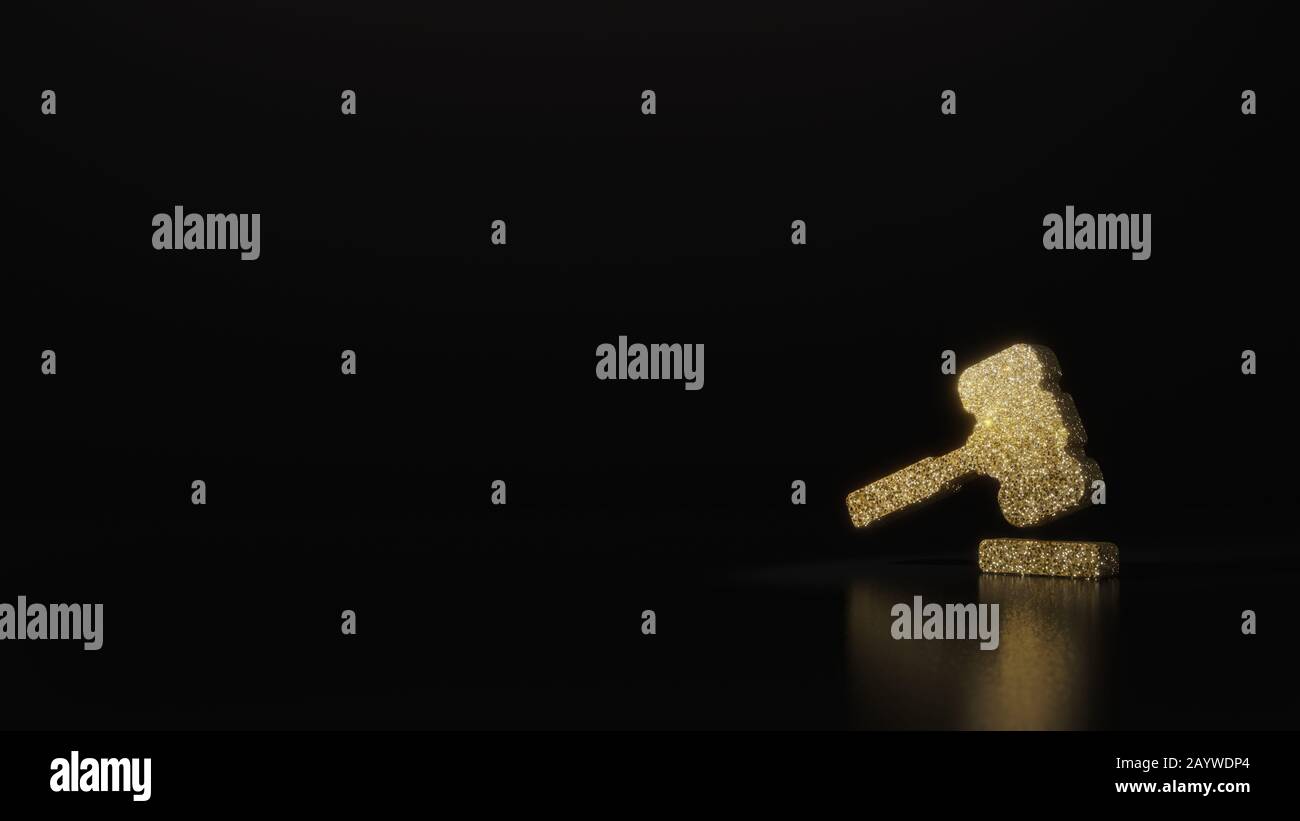 gold glitter symbol of law hammer 3D rendering on dark black background ...