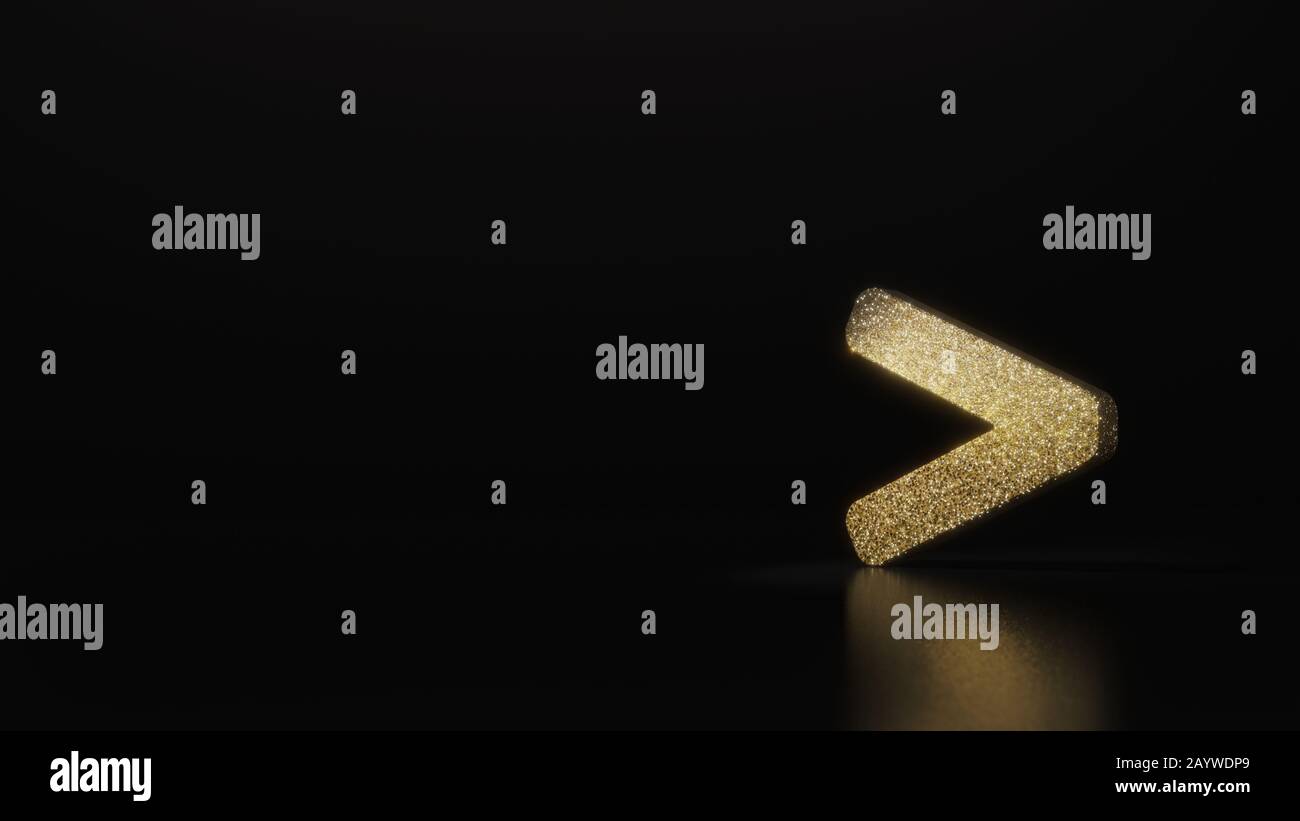 gold glitter symbol of greater than symbol 3D rendering on dark black ...