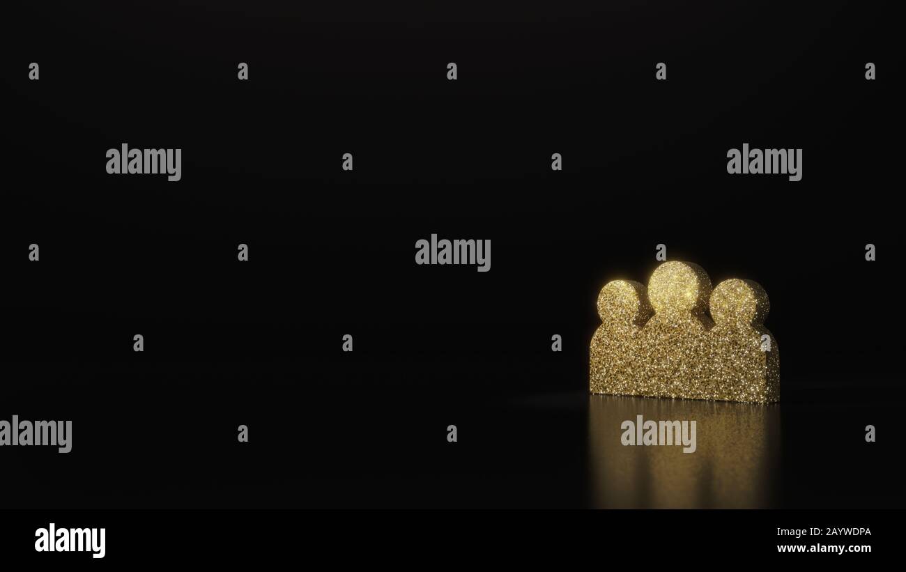 gold glitter symbol of group of three people 3D rendering on dark black ...
