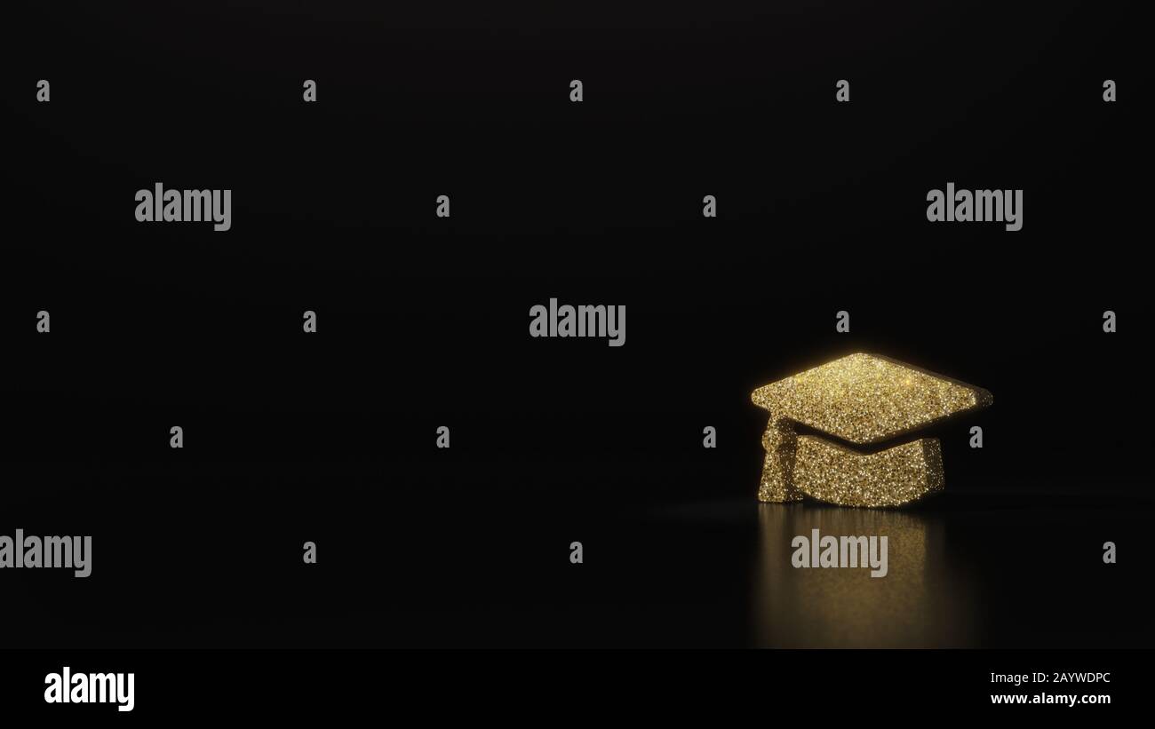 gold glitter symbol of graduation cap 3D rendering on dark black ...