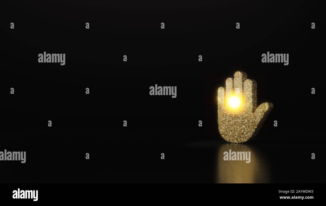 gold glitter symbol of hand 3D rendering on dark black background with ...