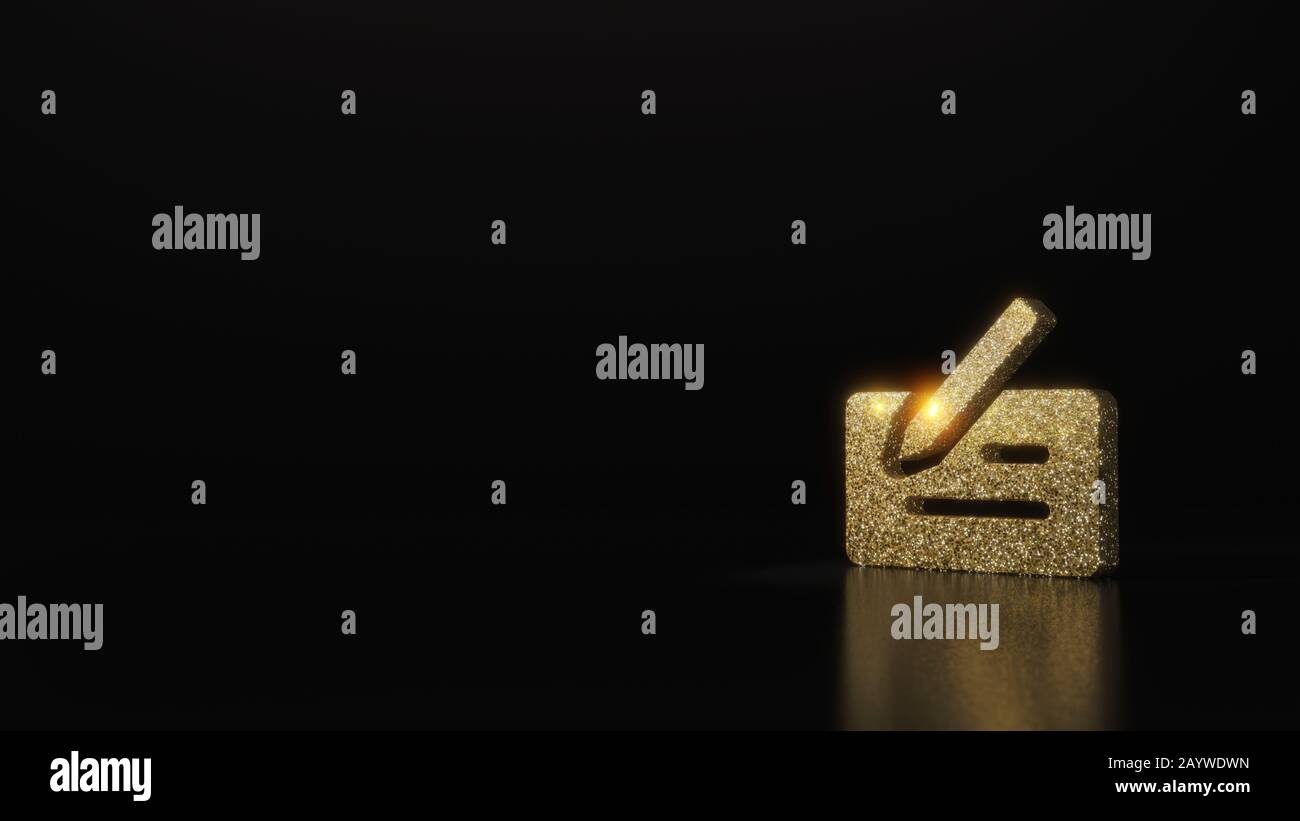 gold glitter symbol of bank cheque with pen 3D rendering on dark black ...