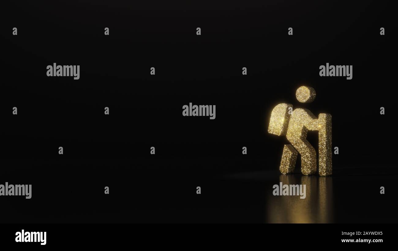 gold glitter symbol of hiking person 3D rendering on dark black ...