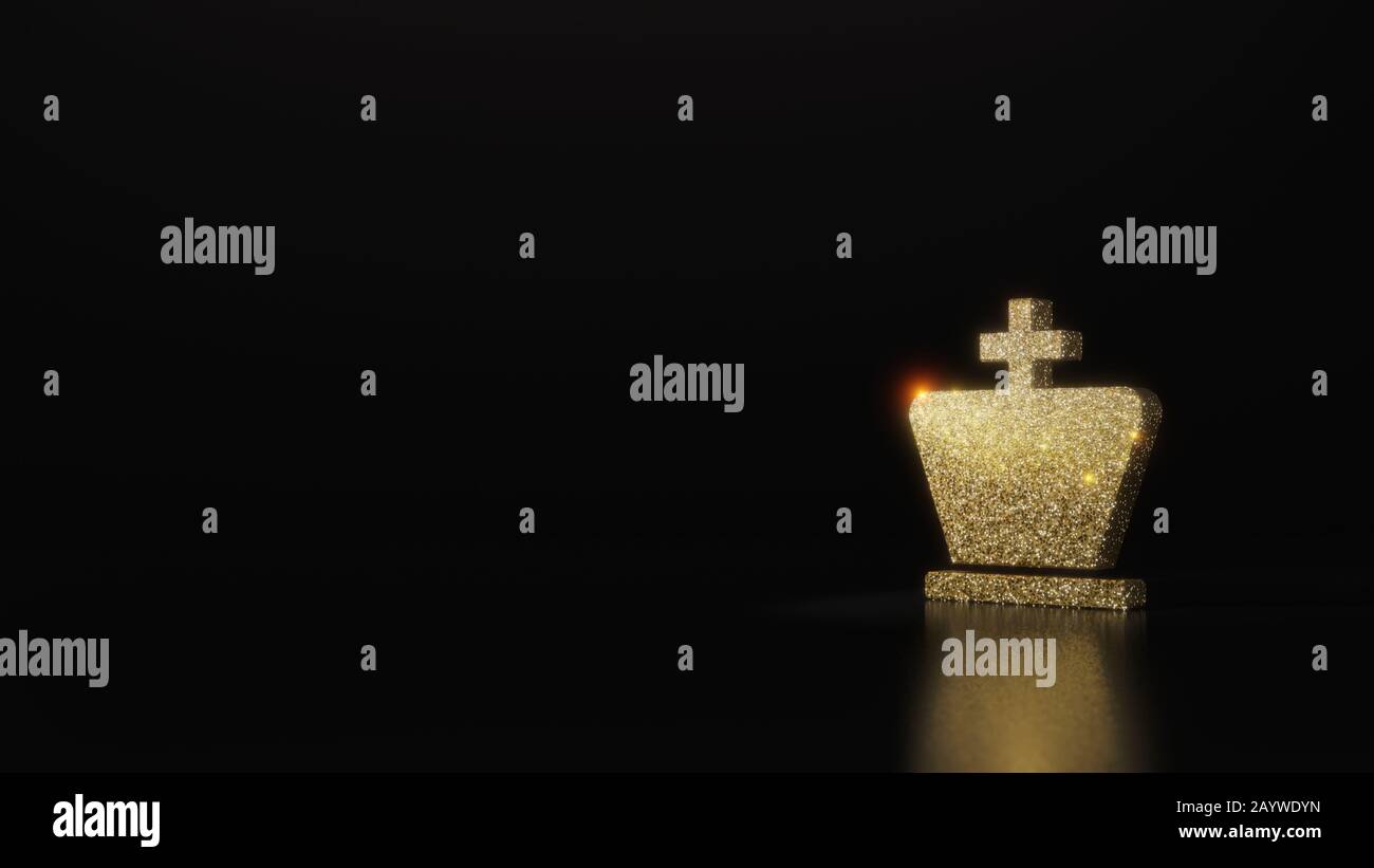 gold glitter symbol of chess king figure 3D rendering on dark black ...