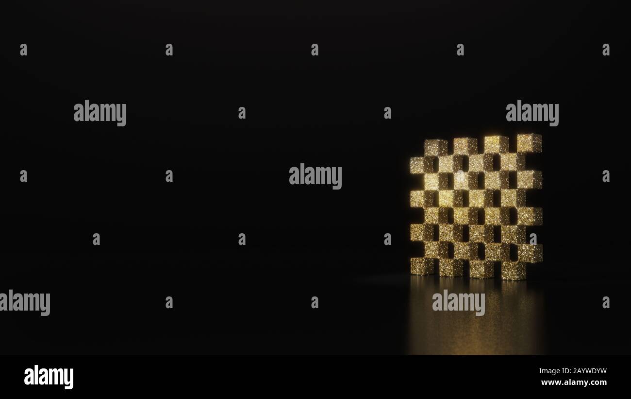 gold glitter symbol of chess board 3D rendering on dark black background with blurred reflection ...