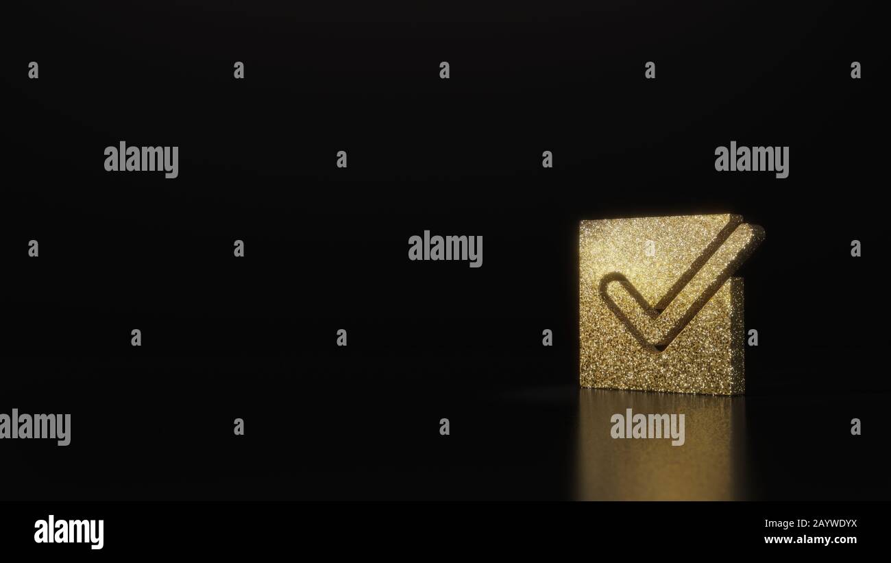 gold glitter symbol of check mark in square 3D rendering on dark black ...