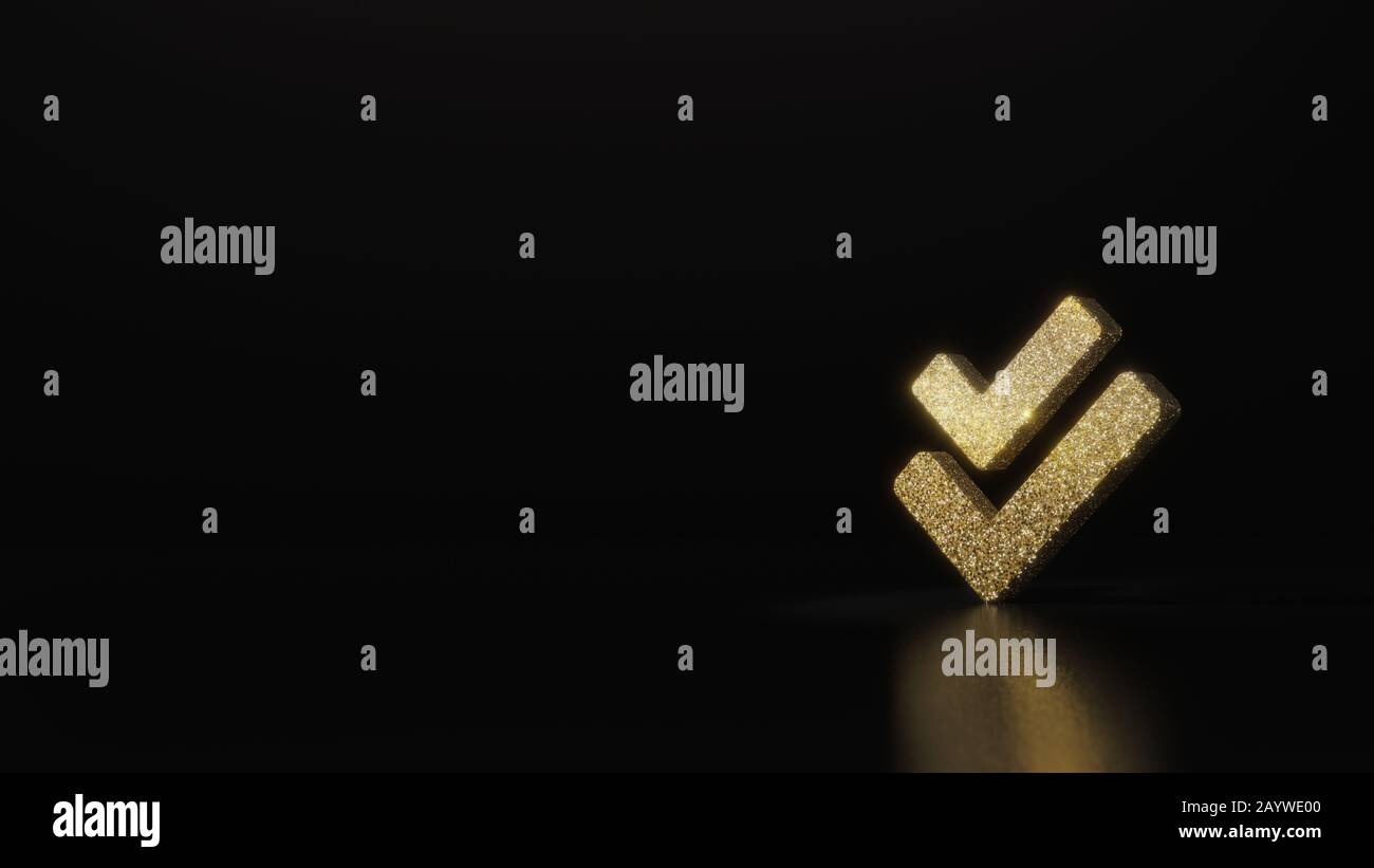 gold glitter symbol of double check mark 3D rendering on dark black ...