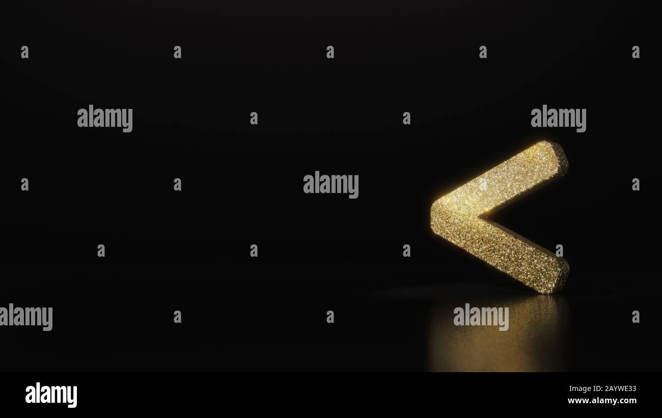 gold glitter symbol of less than mark 3D rendering on dark black ...