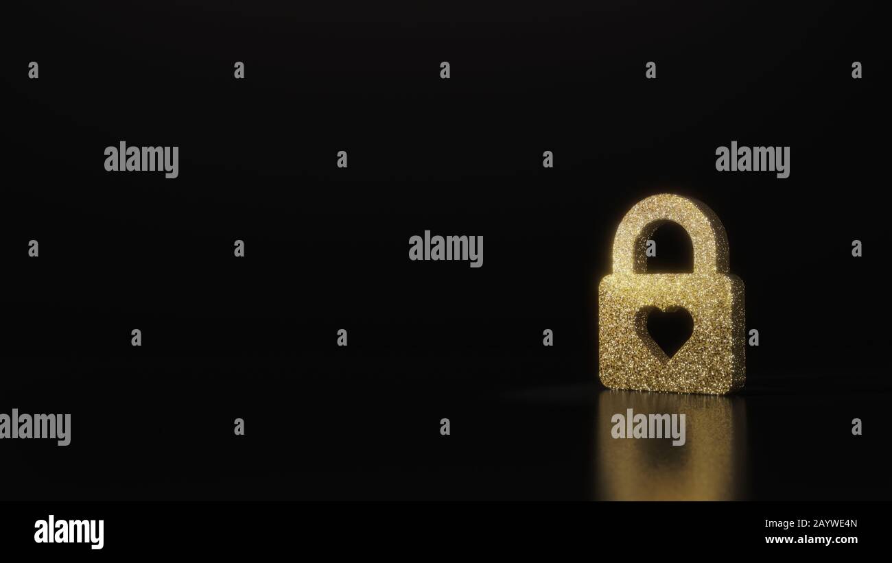 gold glitter symbol of lock with heart inside 3D rendering on dark ...