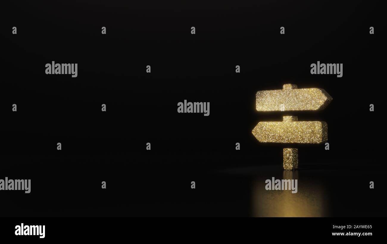 gold glitter symbol of two map signs on stick 3D rendering on dark ...