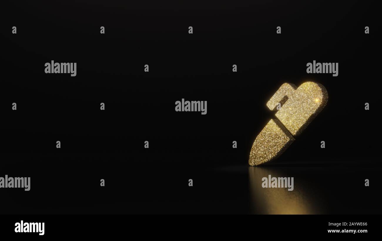 gold glitter symbol of pen with lid 3D rendering on dark black ...