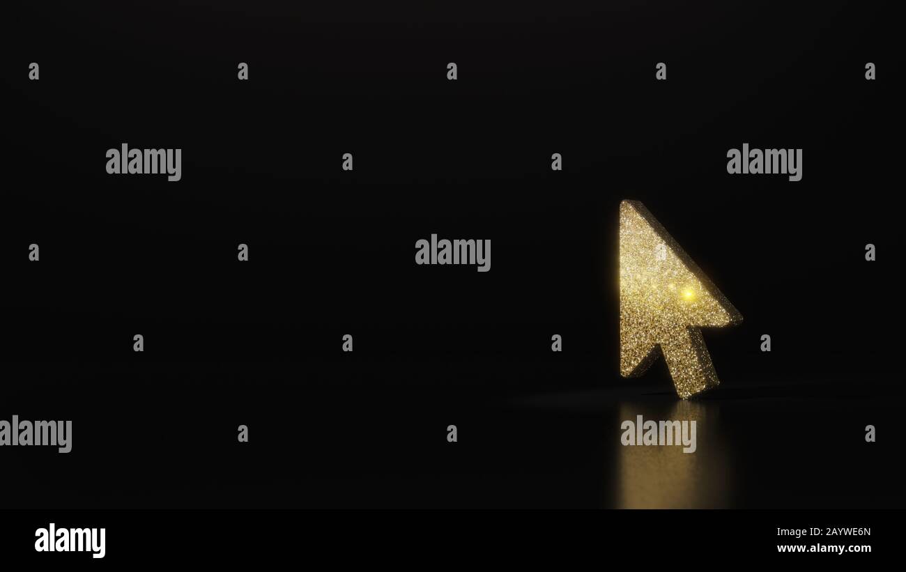 gold glitter symbol of mouse pointer arrow 3D rendering on dark black ...