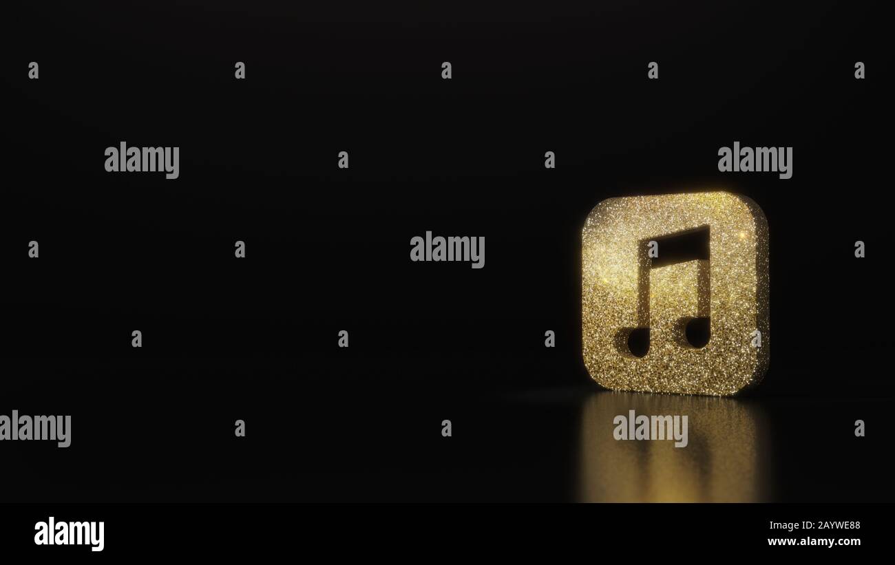 gold glitter symbol of music note in rounded square 3D rendering on ...