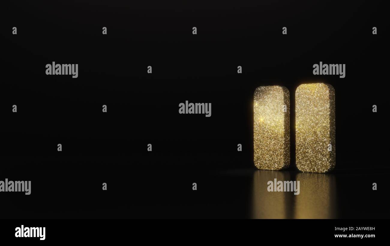 gold glitter symbol of bold pause symbol 3D rendering on dark black ...