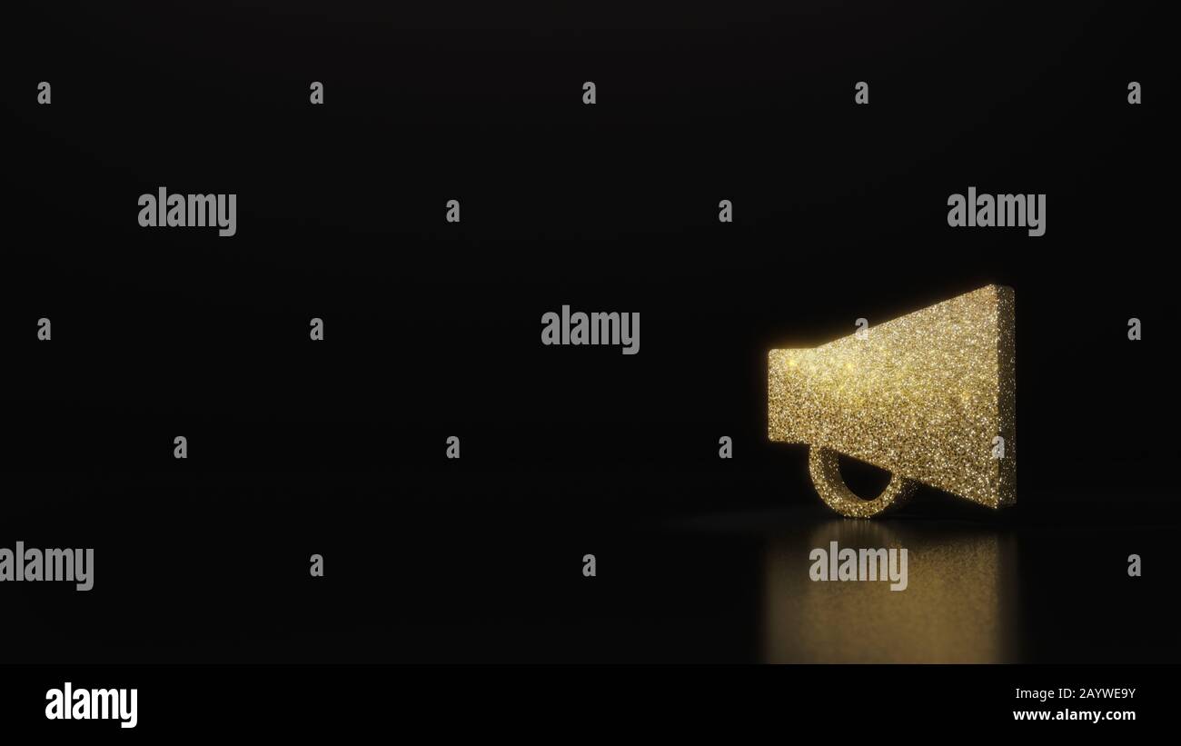 gold glitter symbol of megaphone 3D rendering on dark black background ...