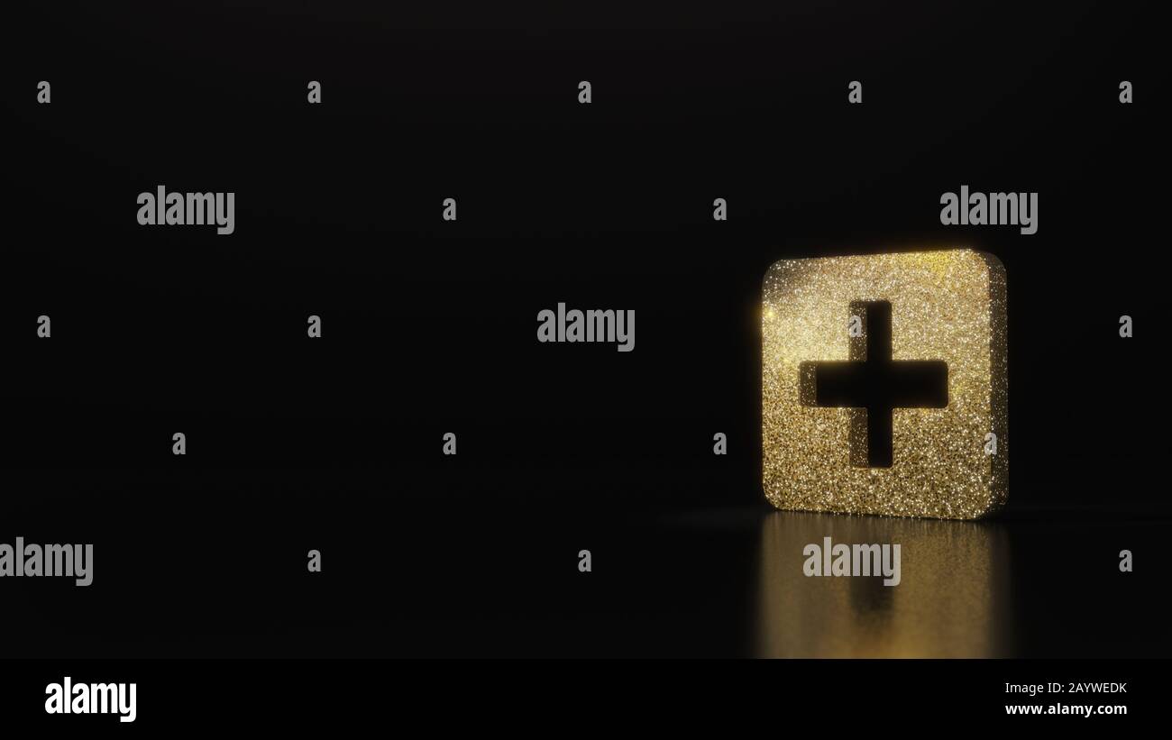 gold glitter symbol of bold plus in square 3D rendering on dark black ...