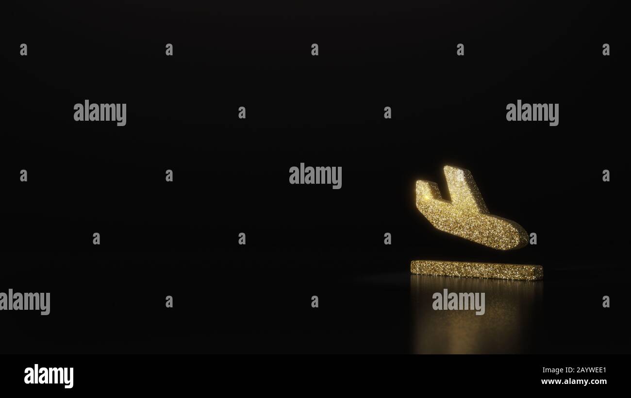 gold glitter symbol of plane arrival on runway surface 3D rendering on ...