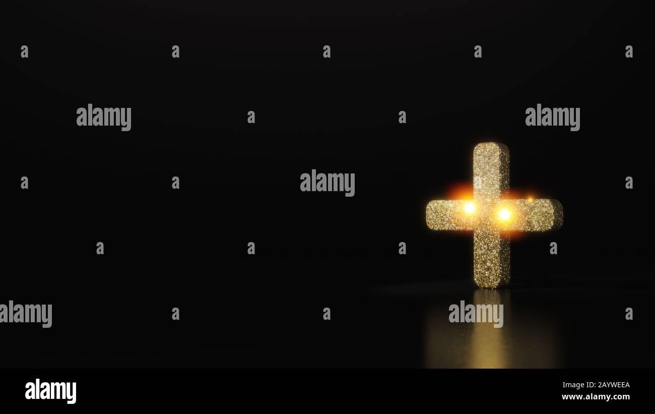 gold glitter symbol of plus 3D rendering on dark black background with ...
