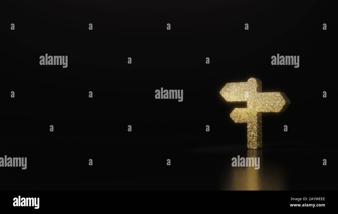 gold glitter symbol of three maps signs on stick 3D rendering on dark ...