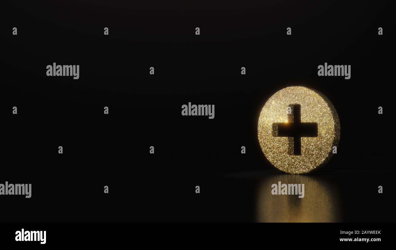 gold glitter symbol of bold plus in circle 3D rendering on dark black ...