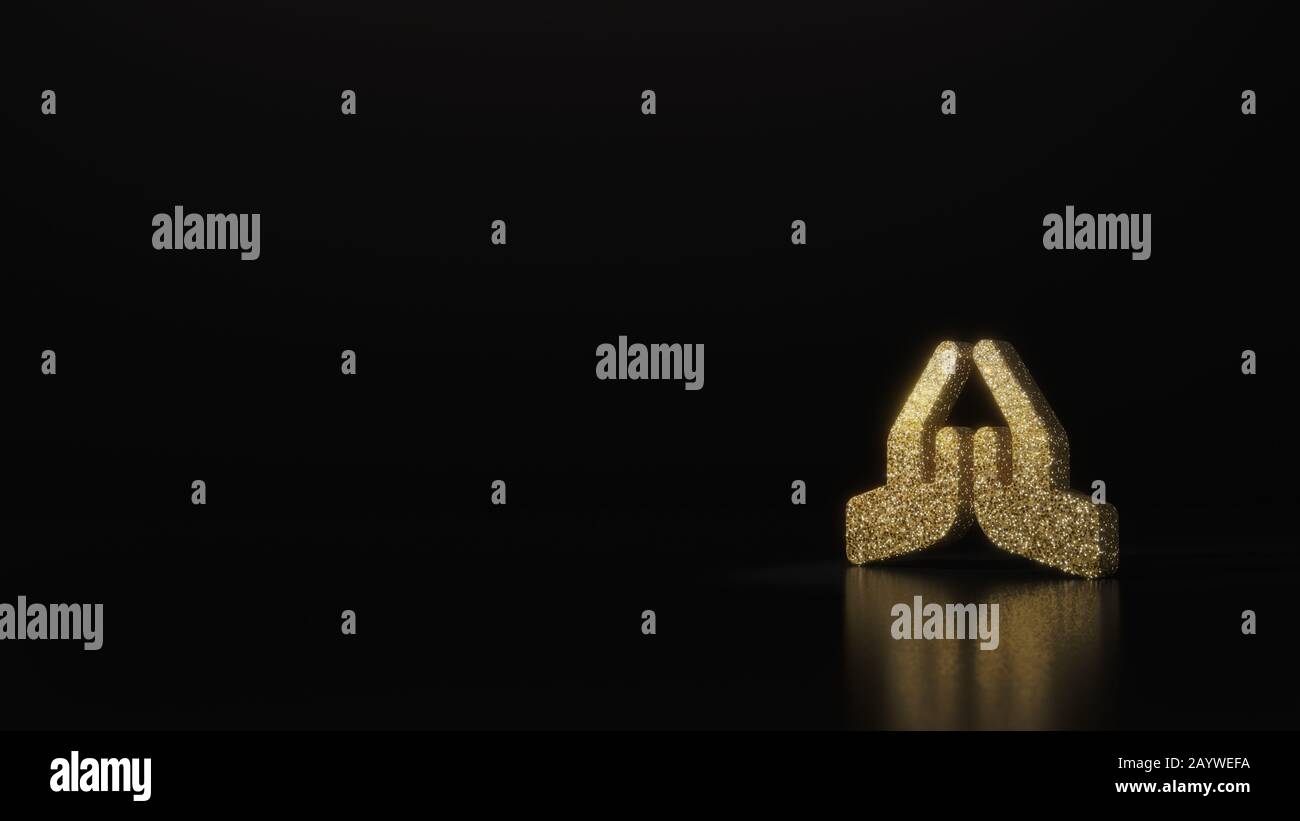 gold glitter symbol of praying hands 3D rendering on dark black ...