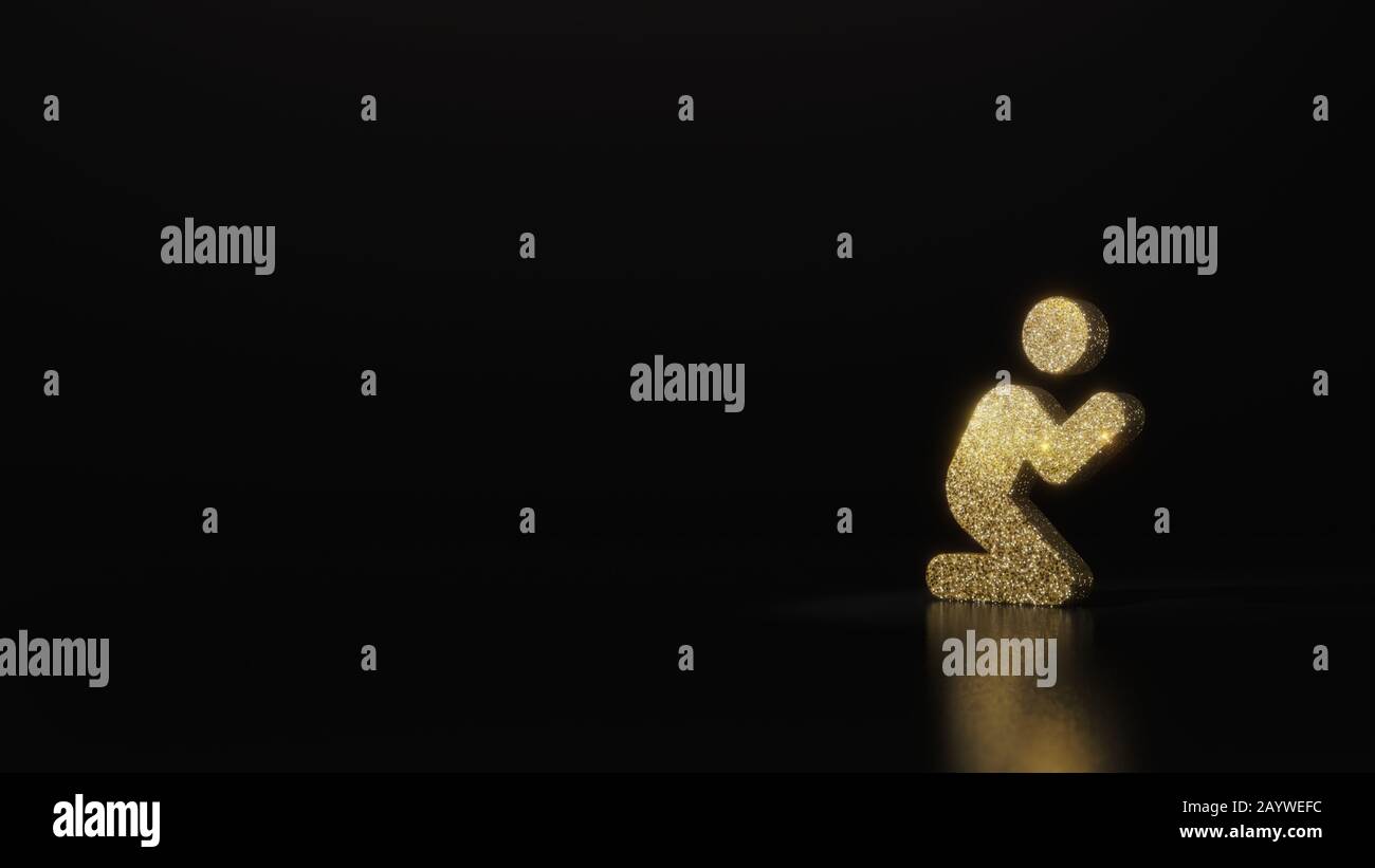 gold glitter symbol of praying person 3D rendering on dark black ...
